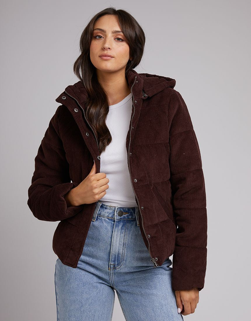 All About Eve Cali Corduroy Puffer Jacket in Brown | Gretel Lane